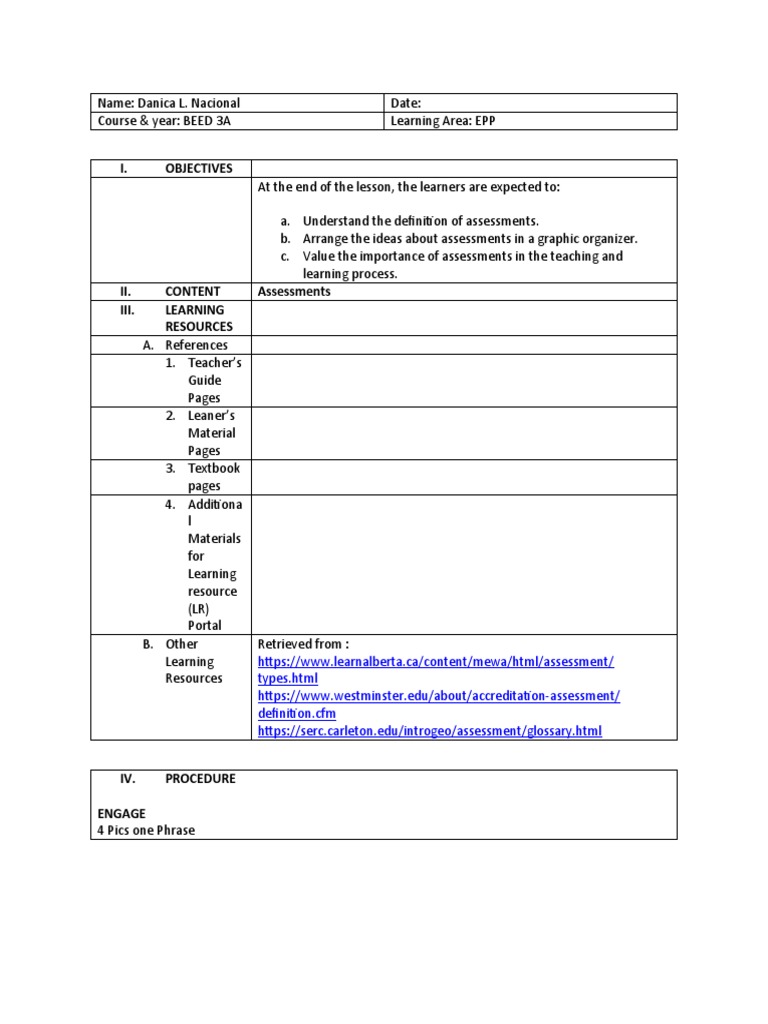Lesson Plan - EPP - Nacional, Danica L. - Beed 3A | Download Free PDF ...
