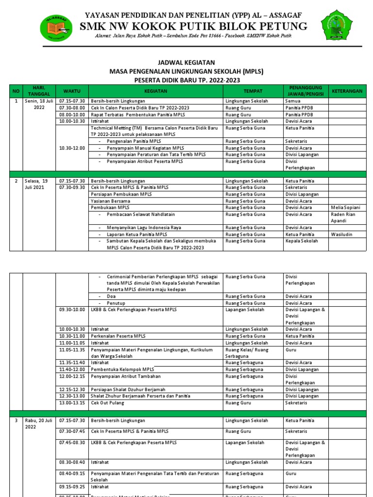 Jadwal Kegiatan Masa Pengenalan Lingkungan Sekolah (MPLS) Tahun 2022-2023 | PDF