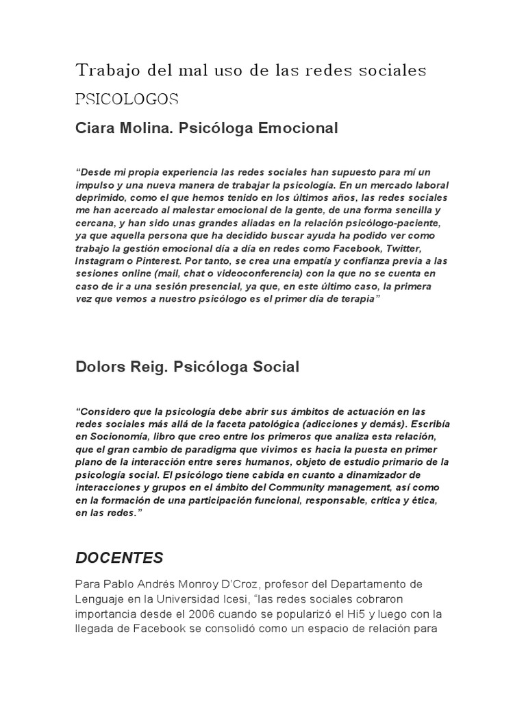 Trabajo Del Mal Uso De Las Redes Sociales Pdf Servicio De Redes