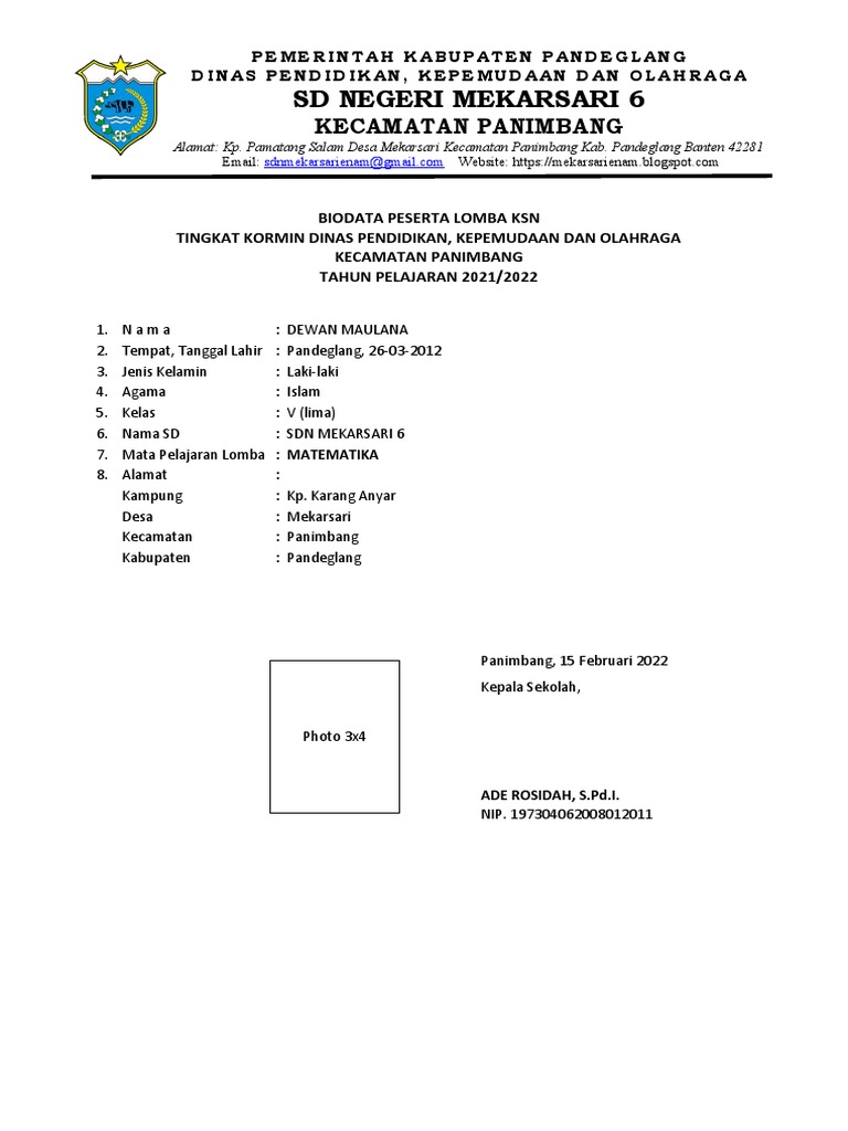 Biodata Peserta Lomba KSN 2021-2022 | PDF