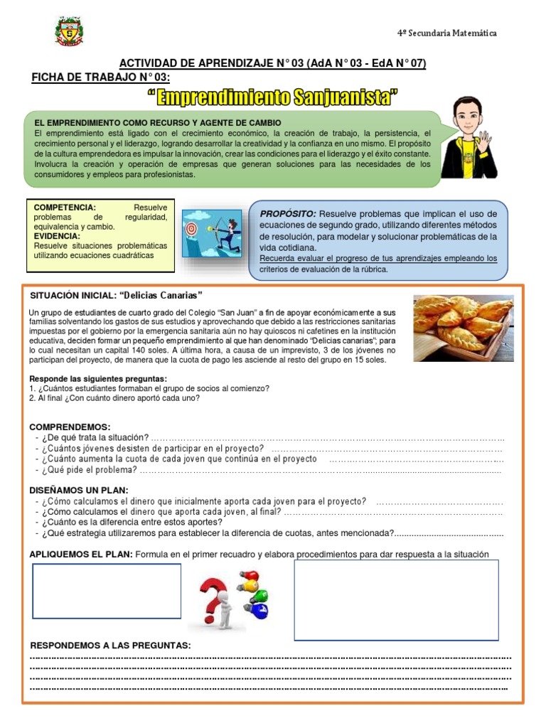 4° Ficha de Trabajo 3 Ada 3 Eda 7 | PDF | Ecuaciones | Iniciativa empresarial
