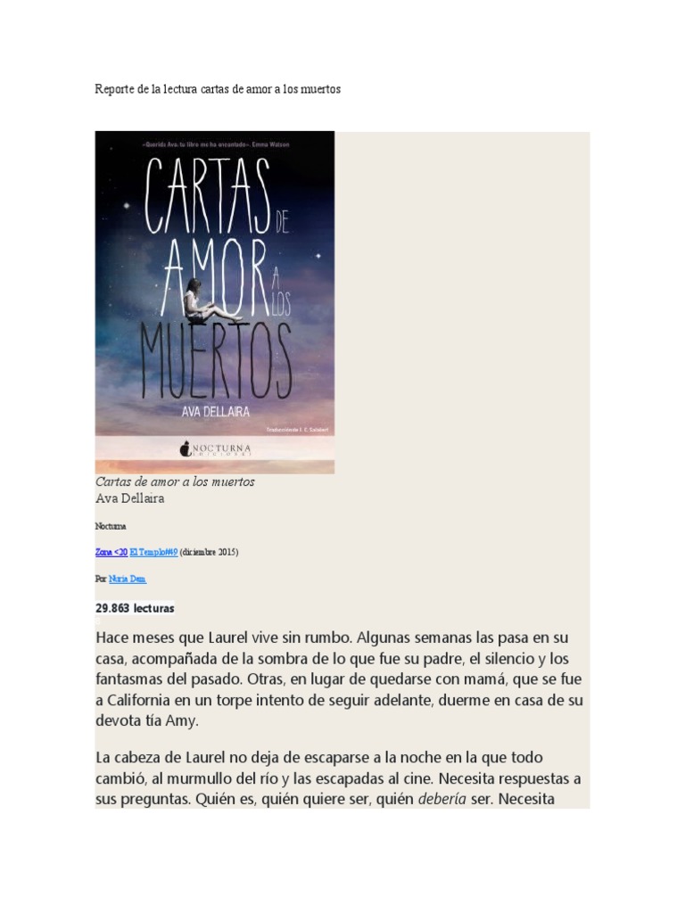 Reporte de la lectura cartas de amor a los muertos | PDF