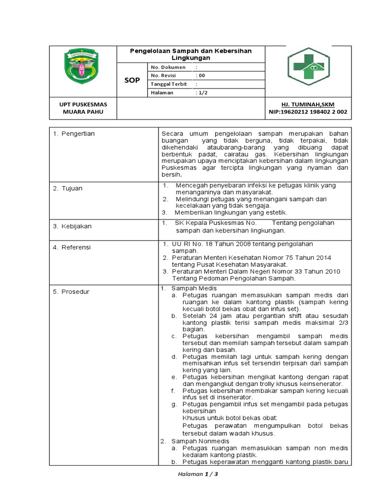 SOP Pengelolaan Sampah Dan Kebersihan Lingkungan | PDF