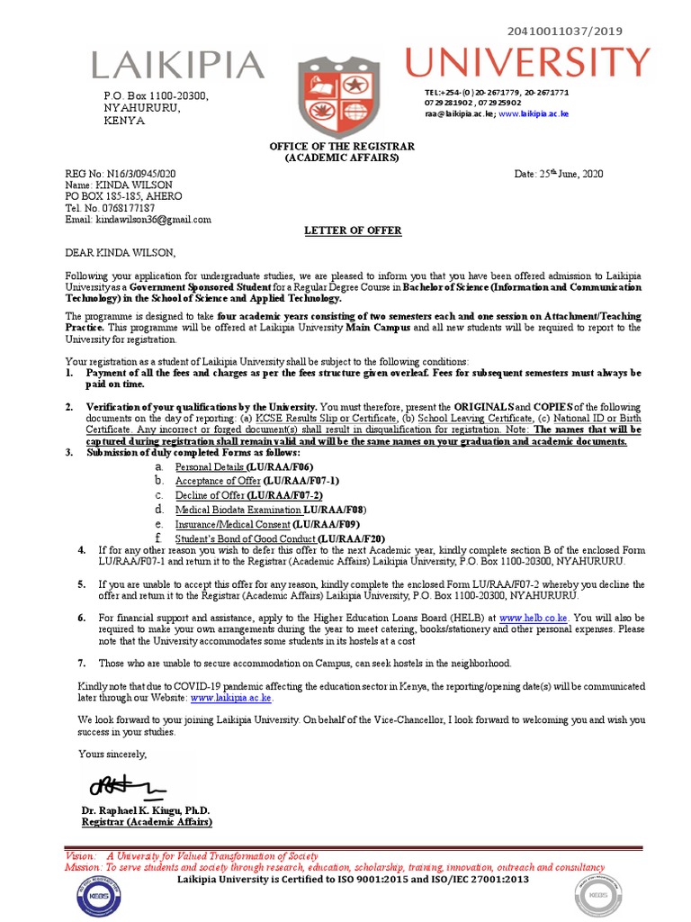 Letter of Offer | PDF | Fee | Bachelor's Degree