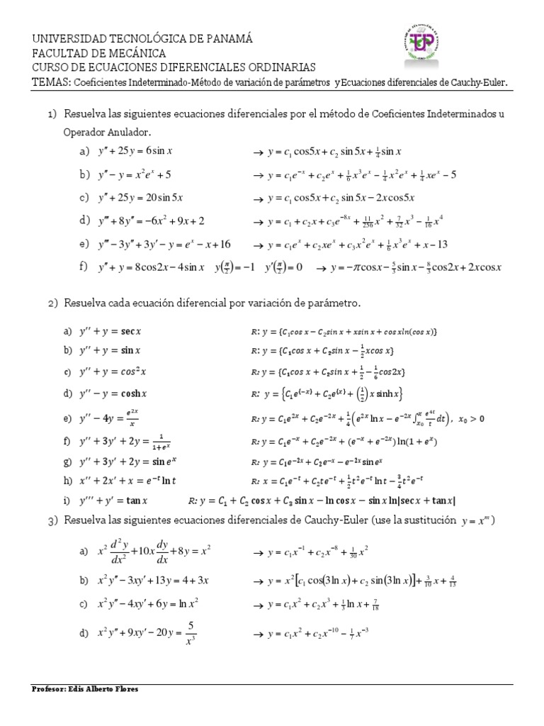Practica Sobre Metodo de Coef. Inde, Variación de Parám y Cauchy Euler | PDF | Cálculo | Matemáticas