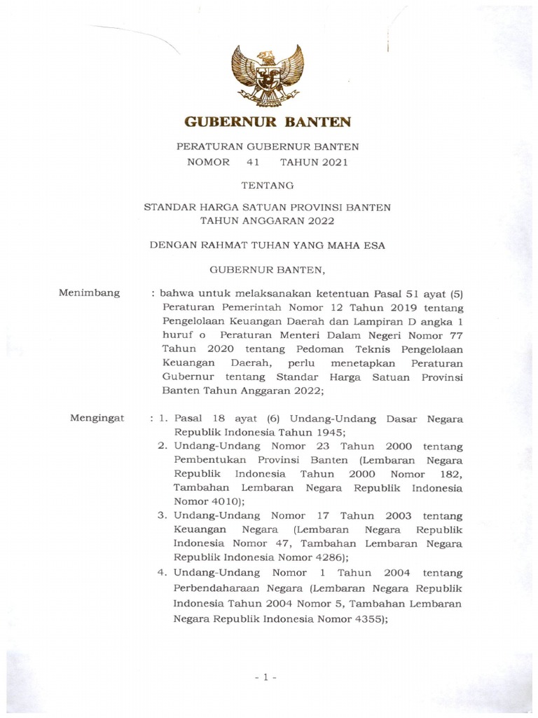 Pergub No 41 Tahun 2021 Standar Harga SAtuan Prov Banten TA 2022 | PDF