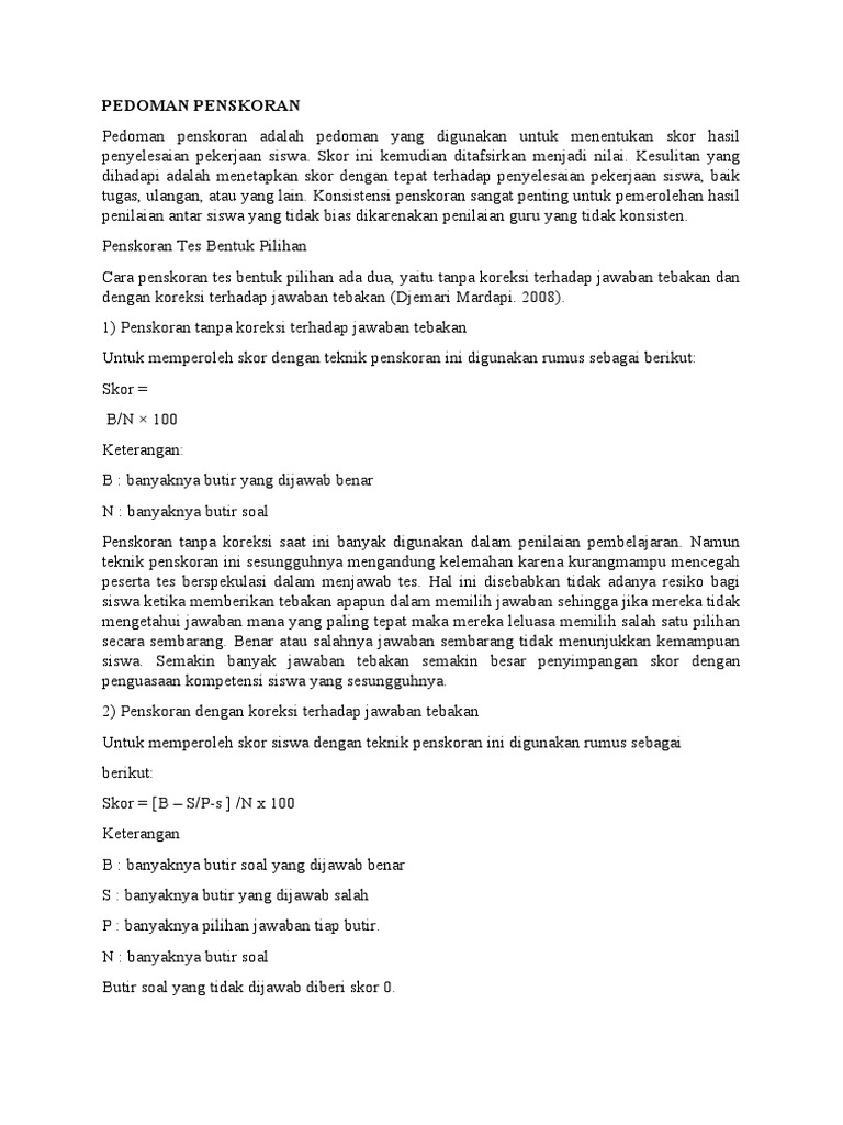 Pedoman Pelaksanaan Penskoran Dan Pengujian | PDF