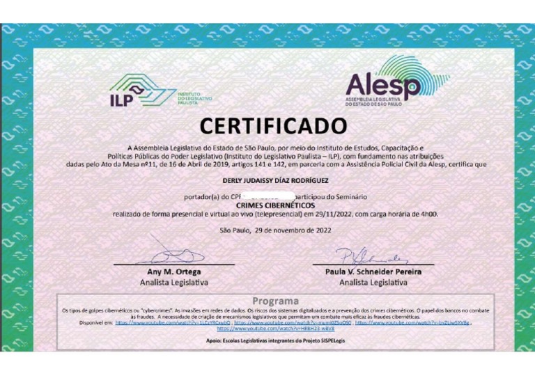 Certificado Seminário CrimesCibernéticos ALESP Derly Judaissy Diaz ...