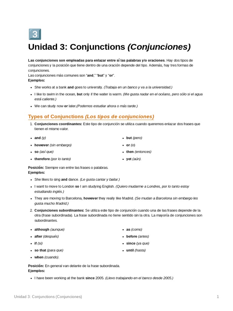 Unidad 3 Conjunctions (Conjunciones) | PDF | Gramática | Sintaxis