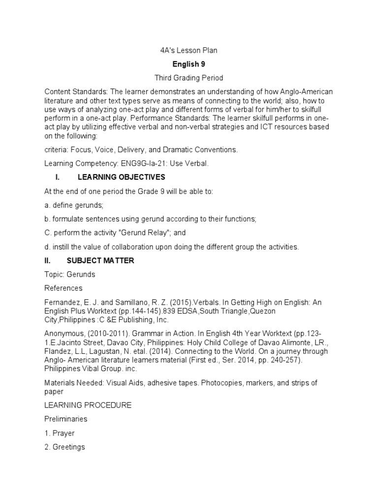 Aparicio and Yap 4as Lesson Plan Draft | PDF | Verb | Word