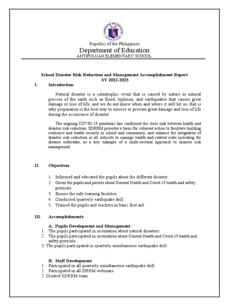 Antipuluan Es-drrm Accomplishment Report 2022-2023 | PDF | Emergency Management | Risk