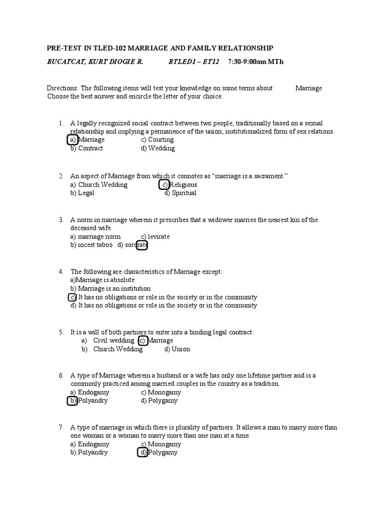 Marriage and Family Pre-Test Questions | PDF | Marriage | Wedding