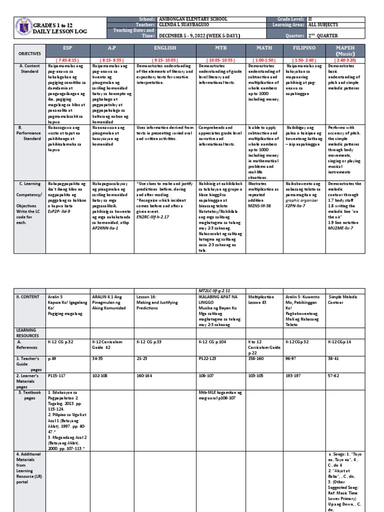 Grade 2 Daily Lesson Log: Week 5 | PDF