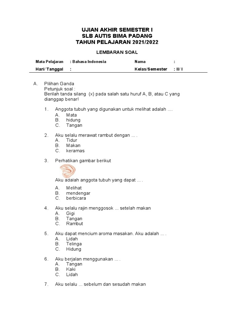 Soal Bahasa Indonesia Kelas 2 Semester 1 SDLB | PDF