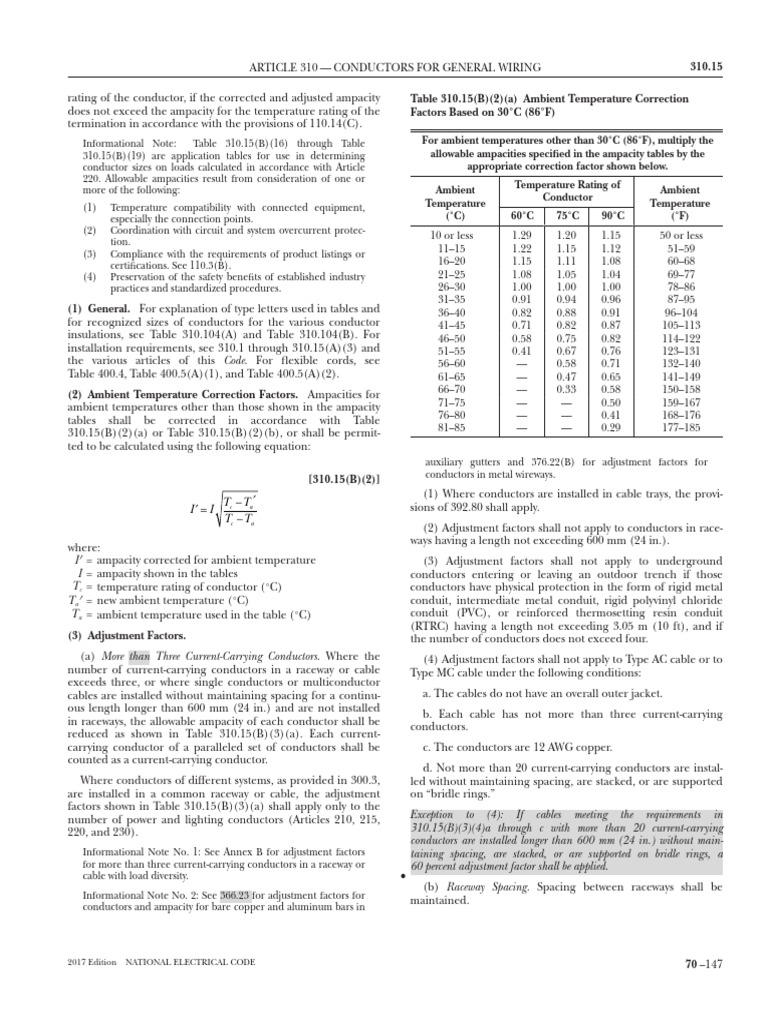 NEC 2017 Article 310: Conductor Ampacity | PDF | Electrical Conductor ...