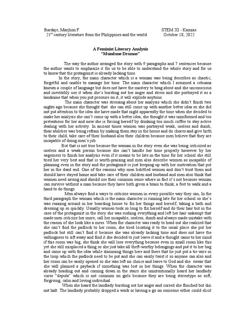 Feminist Analysis of a Woman's Struggles | PDF | Psychology