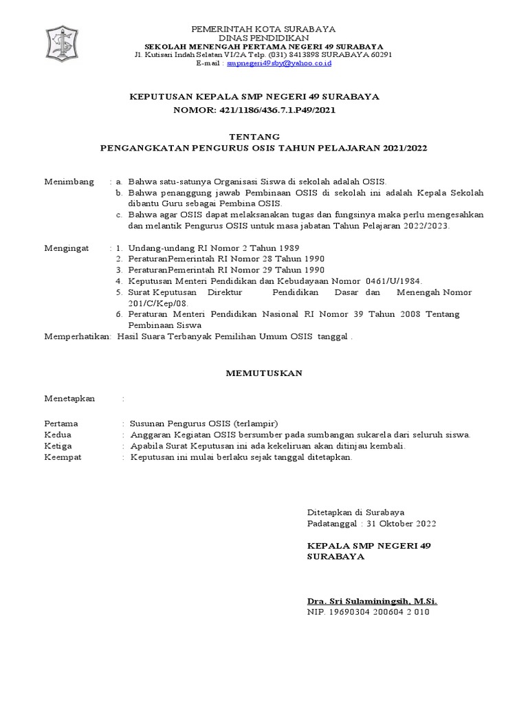 SK Pengurus Osis 2022 2023 | PDF