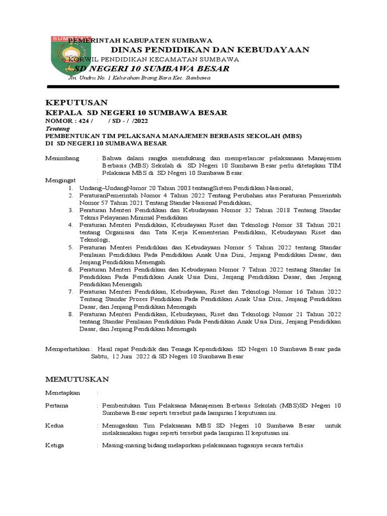 SK Tim MBS SD Negeri 10 Sumbawa Besar | PDF