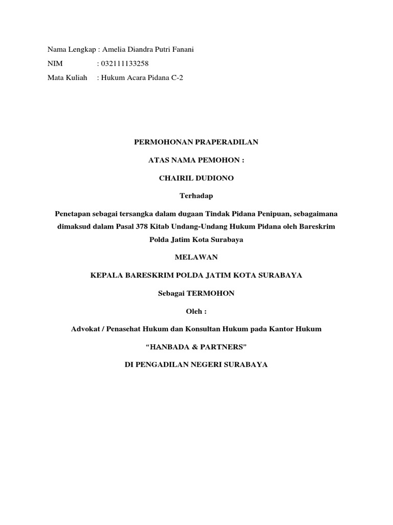 Permohonan Praperadilan - Amelia Diandra Putri Fanani | PDF