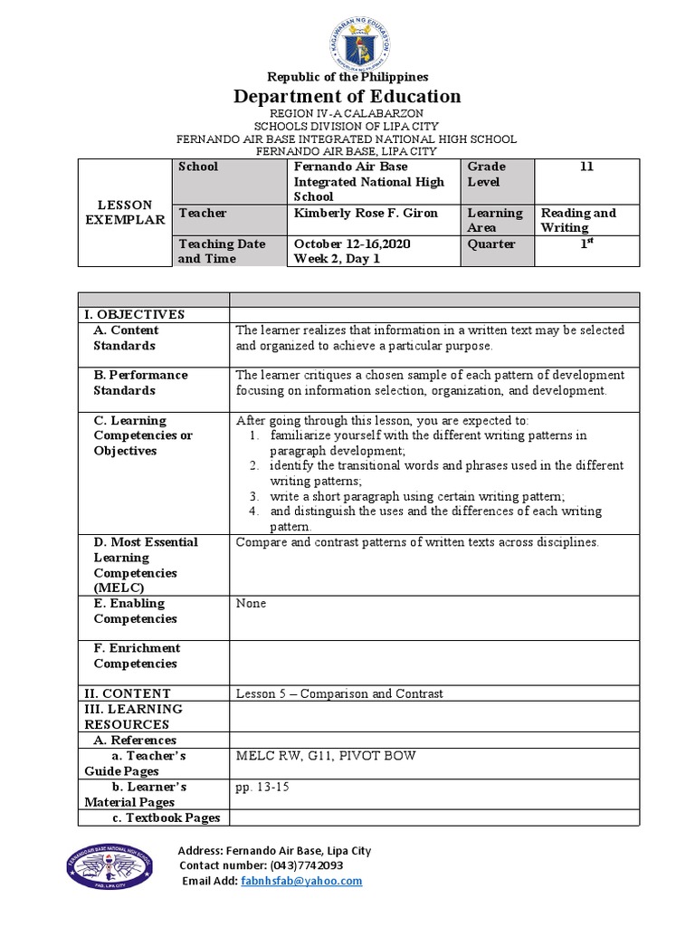 Grade 11 Comparison and Contrast Writing | PDF | Argument | Learning