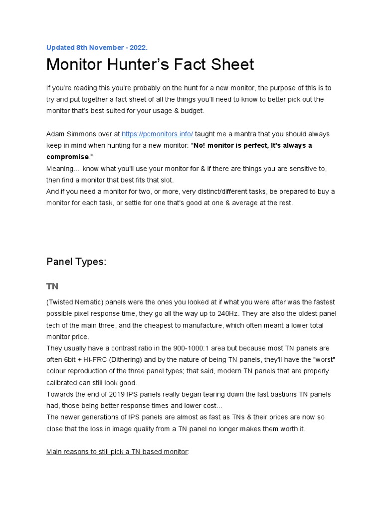Minibjörn's Monitor Hunter's Fact Sheet | PDF | Display Resolution | Hdmi