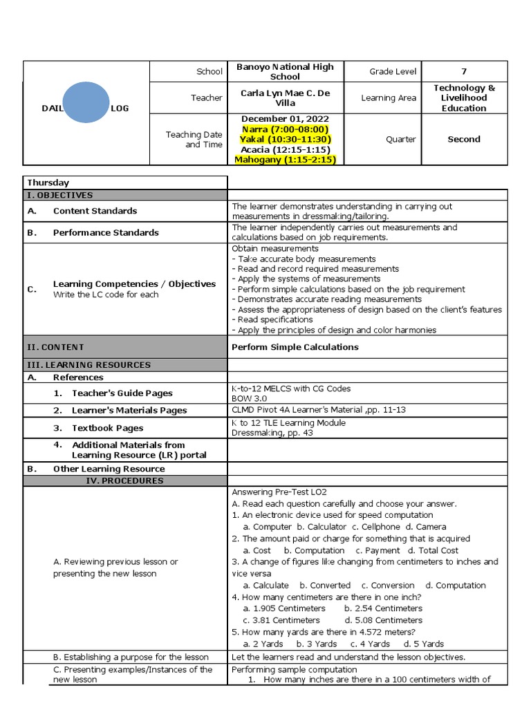 TLE-Q2-W4-Day 3 | PDF | Inch | Learning