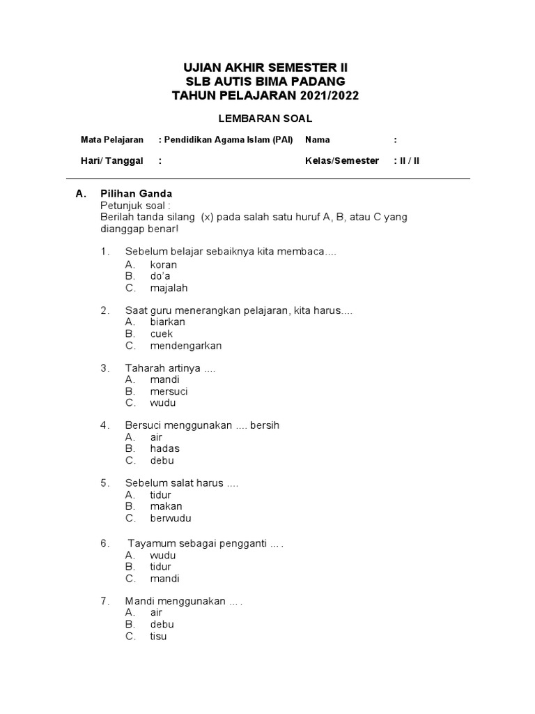 Soal Pai Kelas 2 Semester 2 SDLB | PDF