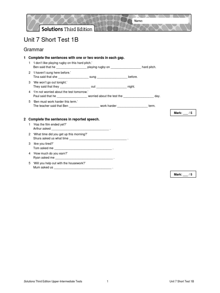 Sol3e Uppint U7 Short Test 1b | PDF Sol3e Uppint U7 Short Test 1b | PDF