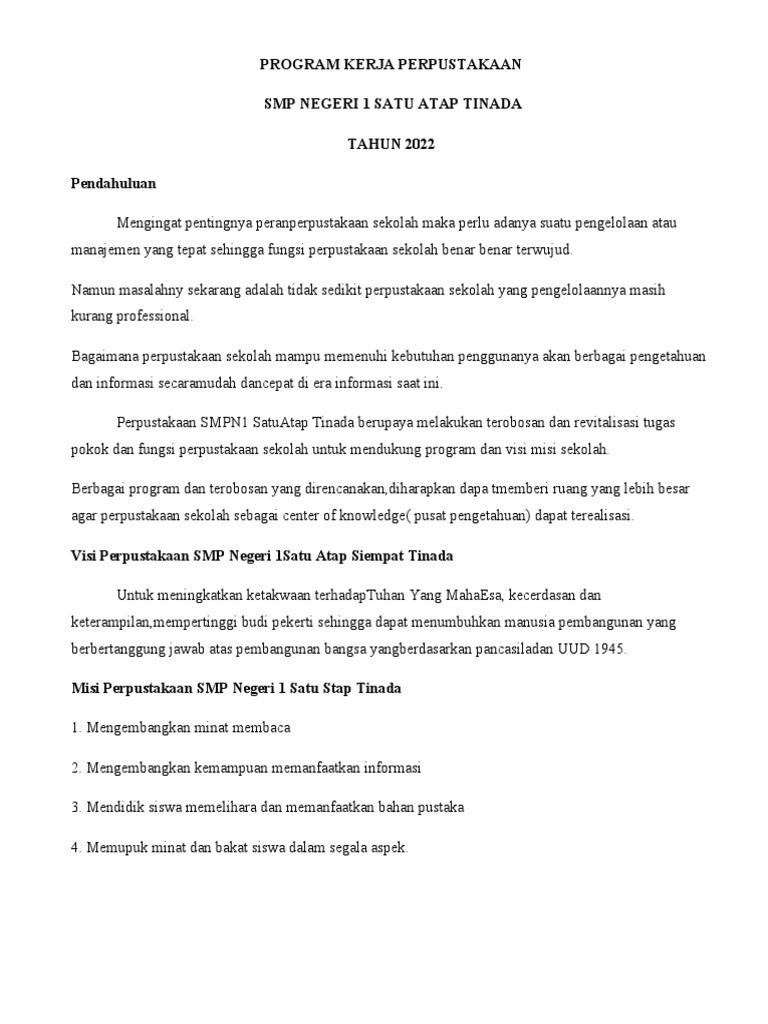 Program Kerja Perpustakaan SMP Mungkur - Tarigan | PDF