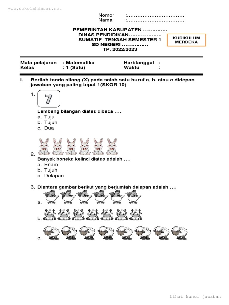 Soal Sumatif Tengah Semester 1 Kelas 1 Mapel Matematika Dan Kunci Jawabannya | PDF