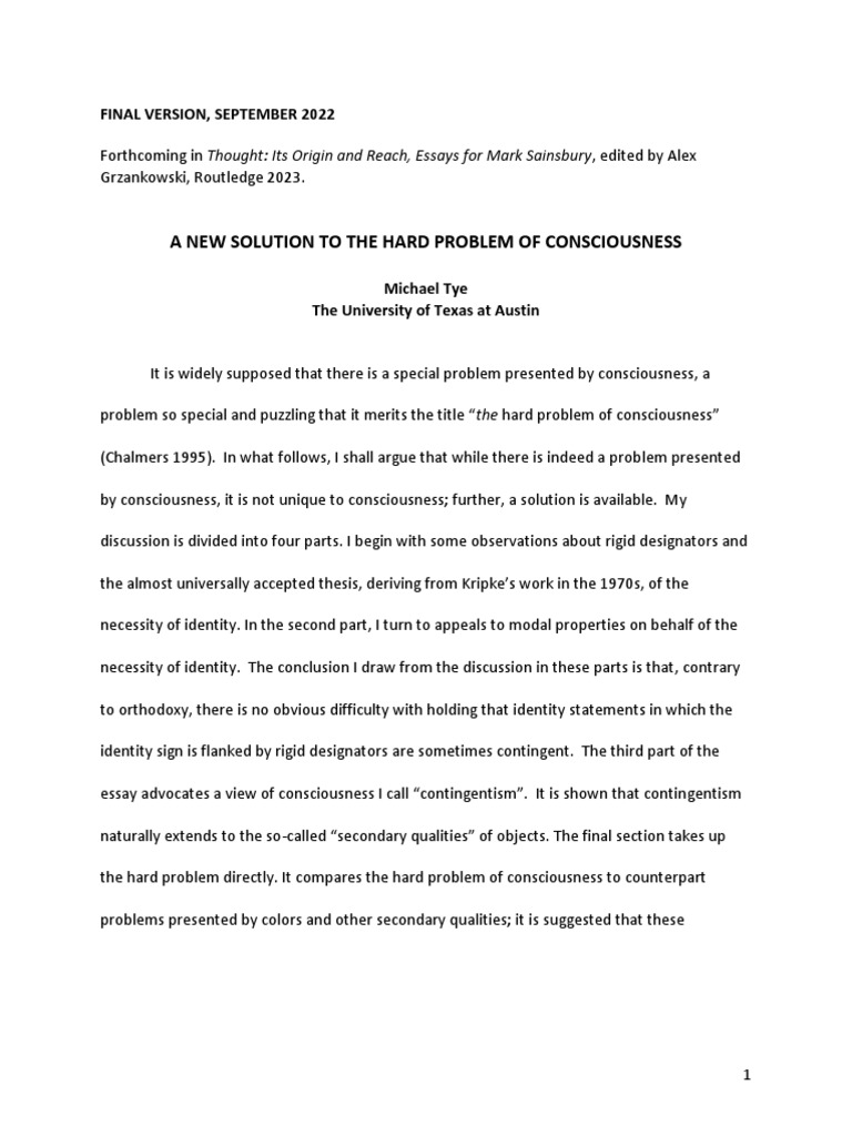 A New Solution To The Hard Problem of Co | PDF | Experience | Consciousness