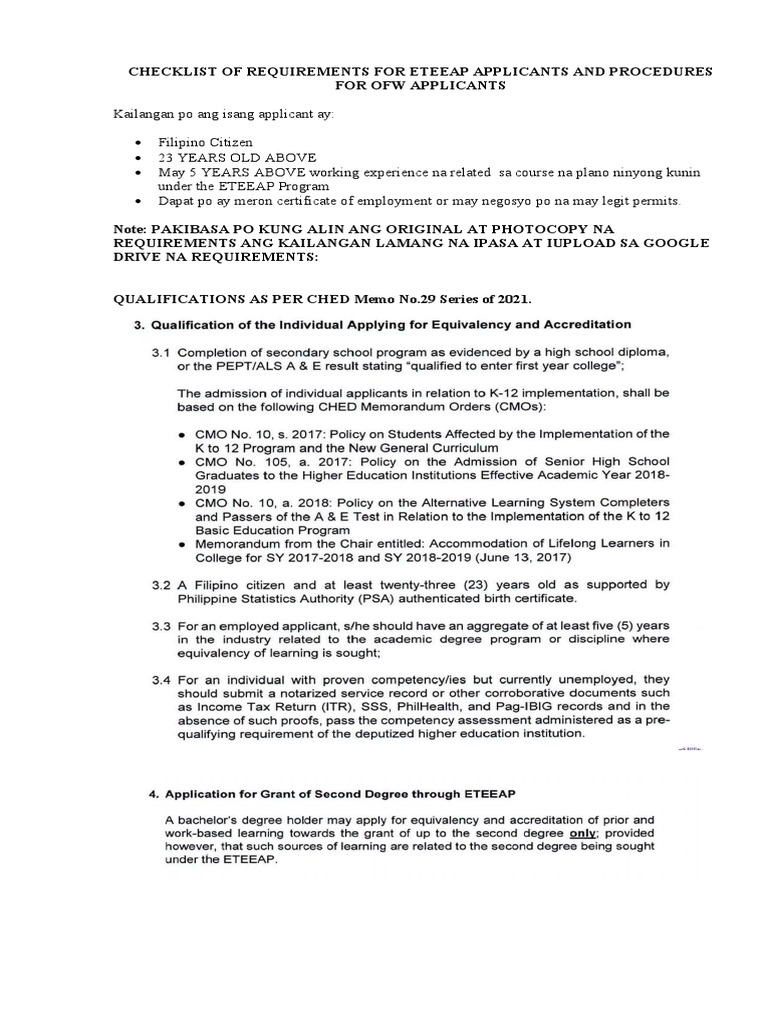 ETEEAP Application Requirements for OFWs | PDF | Bachelor's Degree