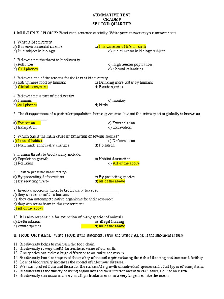 Summative Test | PDF | Photosynthesis | Biodiversity