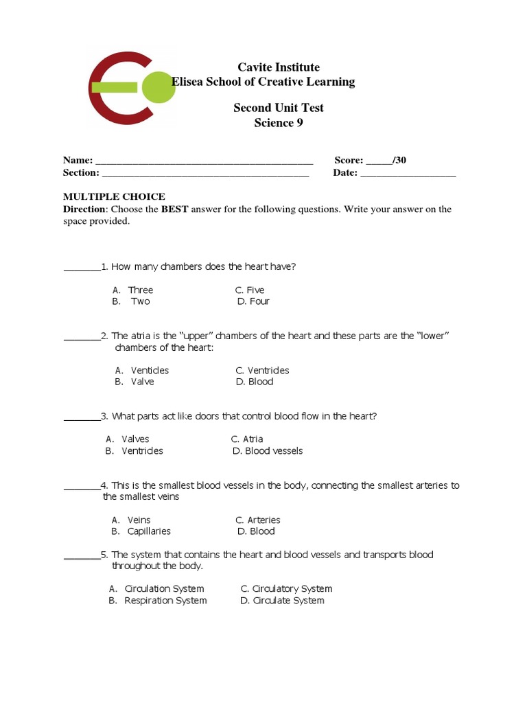 Unit Test For Grade 9 Science | PDF | Heart Valve | Respiratory Tract