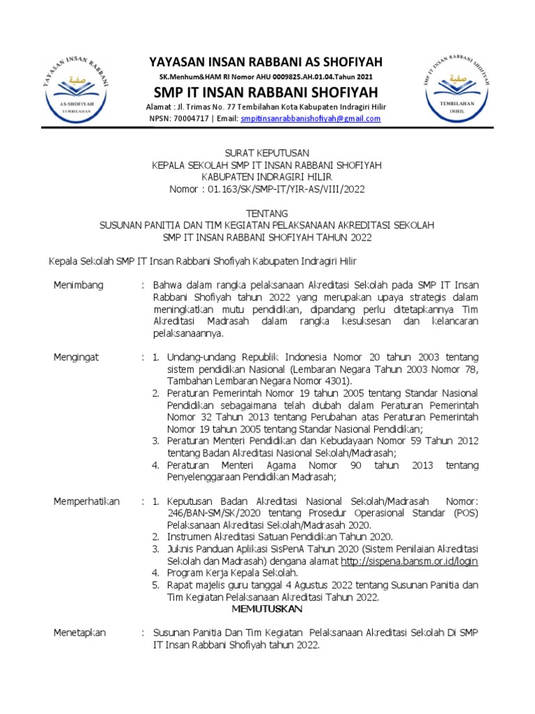 SK Tim Akreditasi Sekolah 2022 | PDF