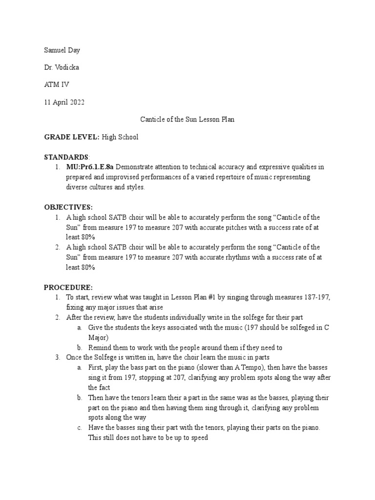 High School Choir Lesson Plan | PDF | Piano | Elements Of Music
