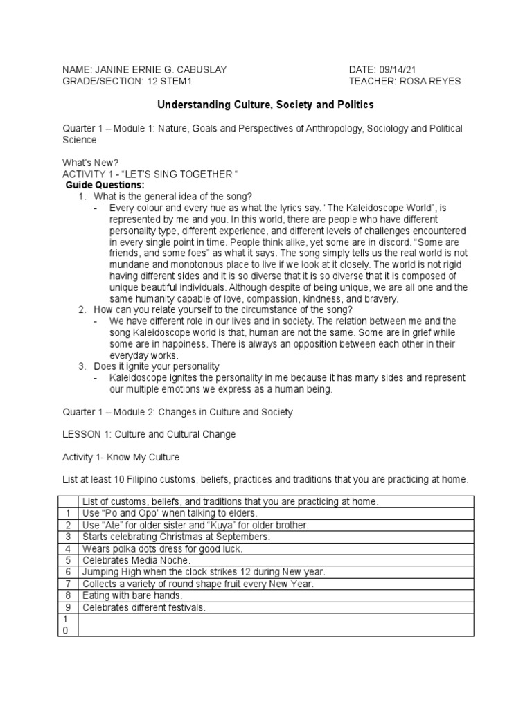 UCSP Quarter 1 Module 1-6 | PDF | Sociocultural Evolution | Society