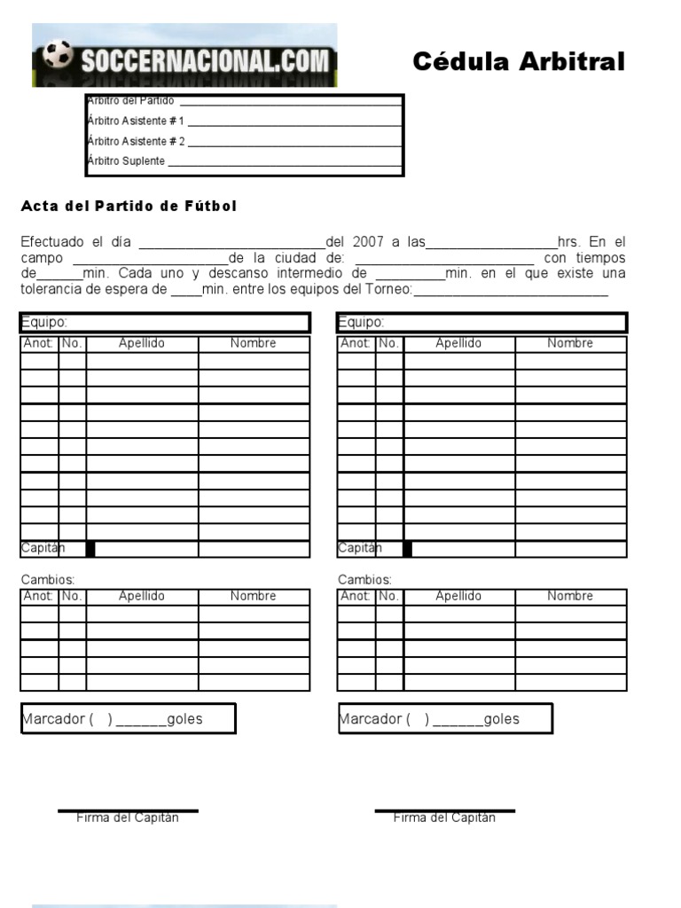 Cedula Arbitral Futbol Soccernacional
