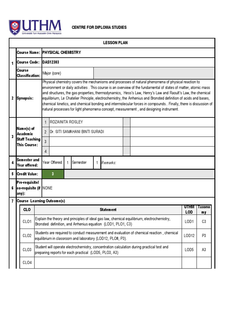 Overview of Physical Chemistry: Course Outline and Learning Outcomes ...