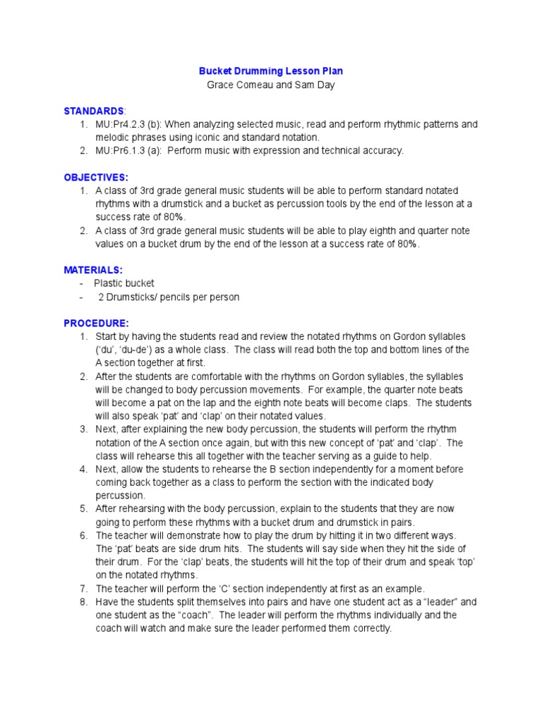 Bucket Drumming Lesson Plan 1 | PDF | Rhythm | Cognition