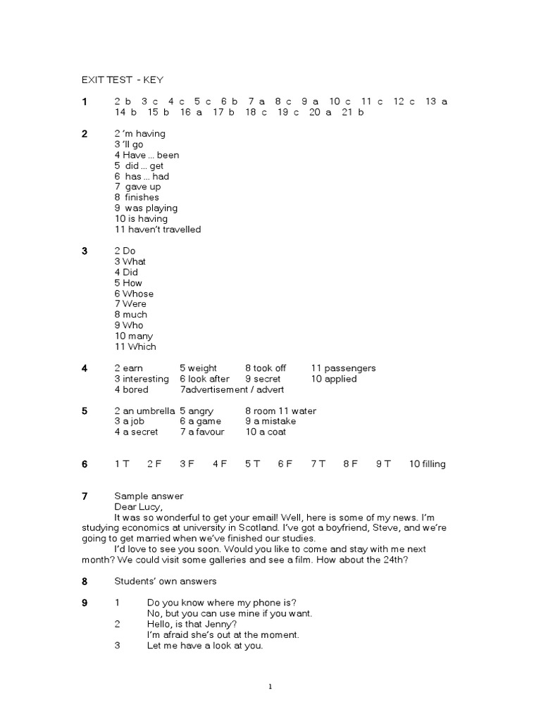 Exit Test Answer Key Summary | PDF