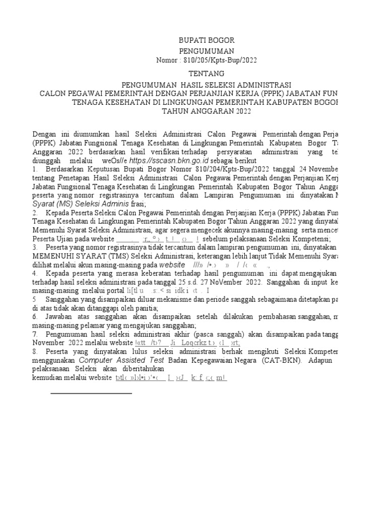 Penumuman Hasil Seleksi Administrasi CPPPK Tenaga Kesehatan 2022 | PDF Penumuman Hasil Seleksi Administrasi CPPPK Tenaga Kesehatan 2022 | PDF