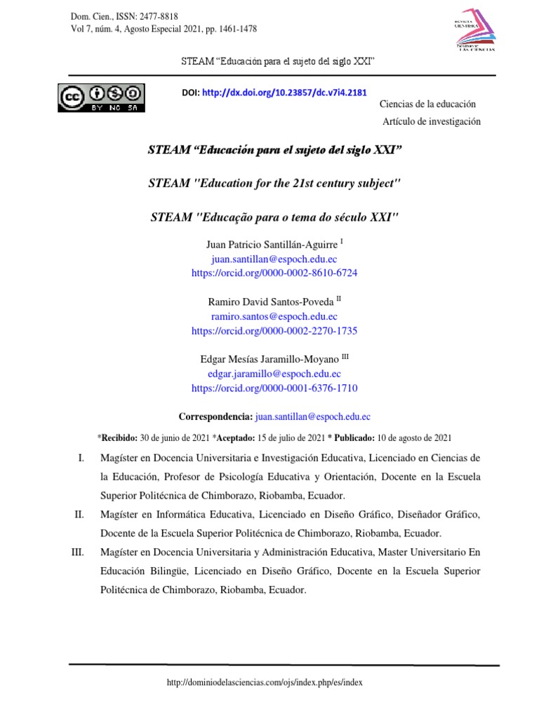1 - STEAM Educacion para El Sujeto Del Siglo XXI 2181-10868-2-PB | PDF | Aprendizaje | Método de ...