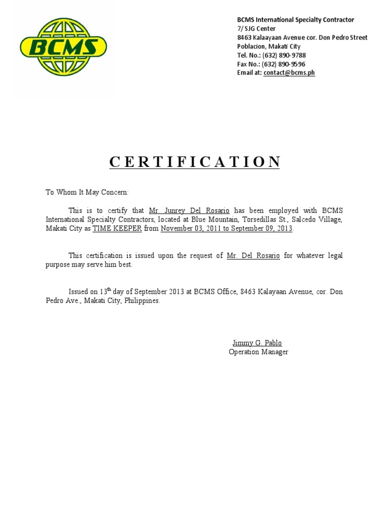 Employment Certification for Junrey Del Rosario | PDF