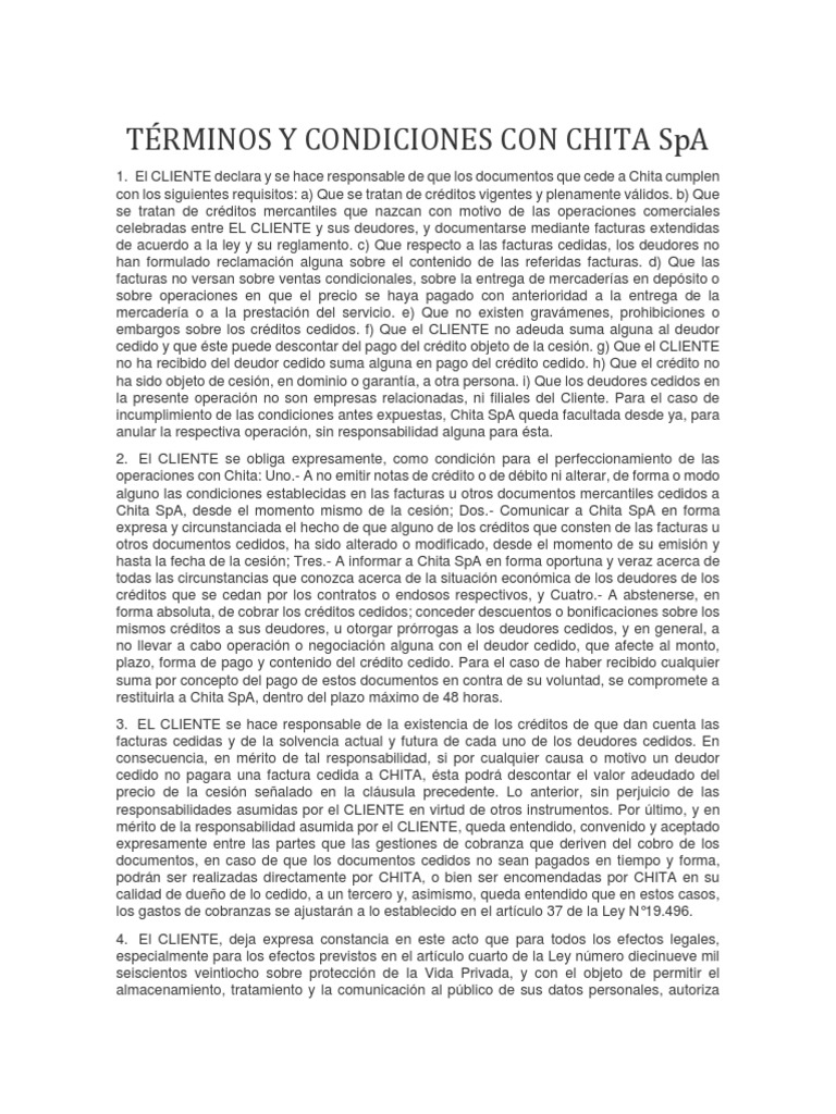 TÉRMINOS Y CONDICIONES CON CHITA SpA | PDF | Pagos | Bancos