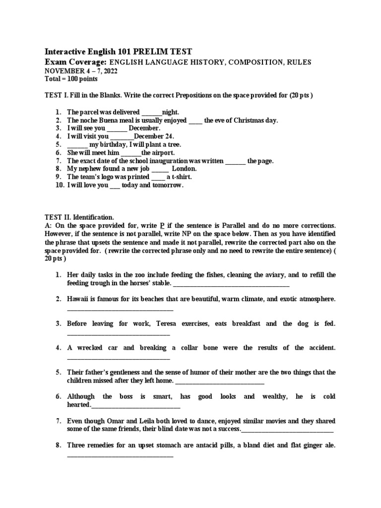 English 101 Prelim Test Overview | PDF | English Language | Sentence ...