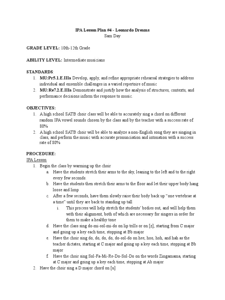 Ipa Lesson Plan 4 1 | PDF | Choir | Vowel