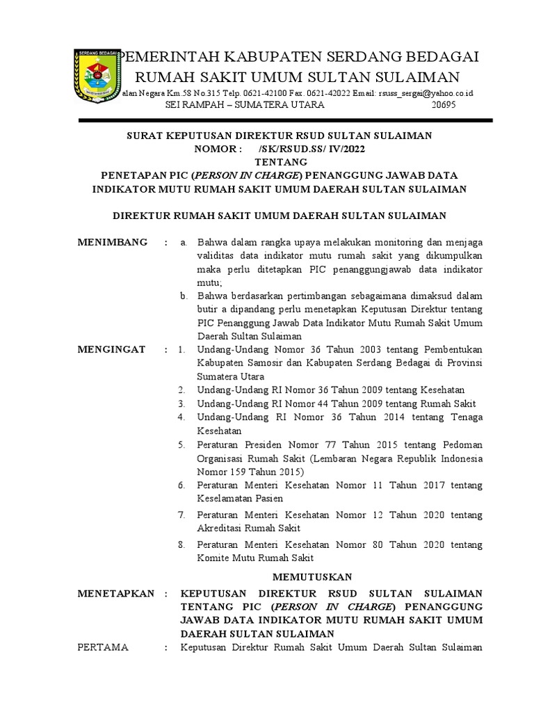 Draft SK Pic PJ Data Rsudss 2022 New | PDF