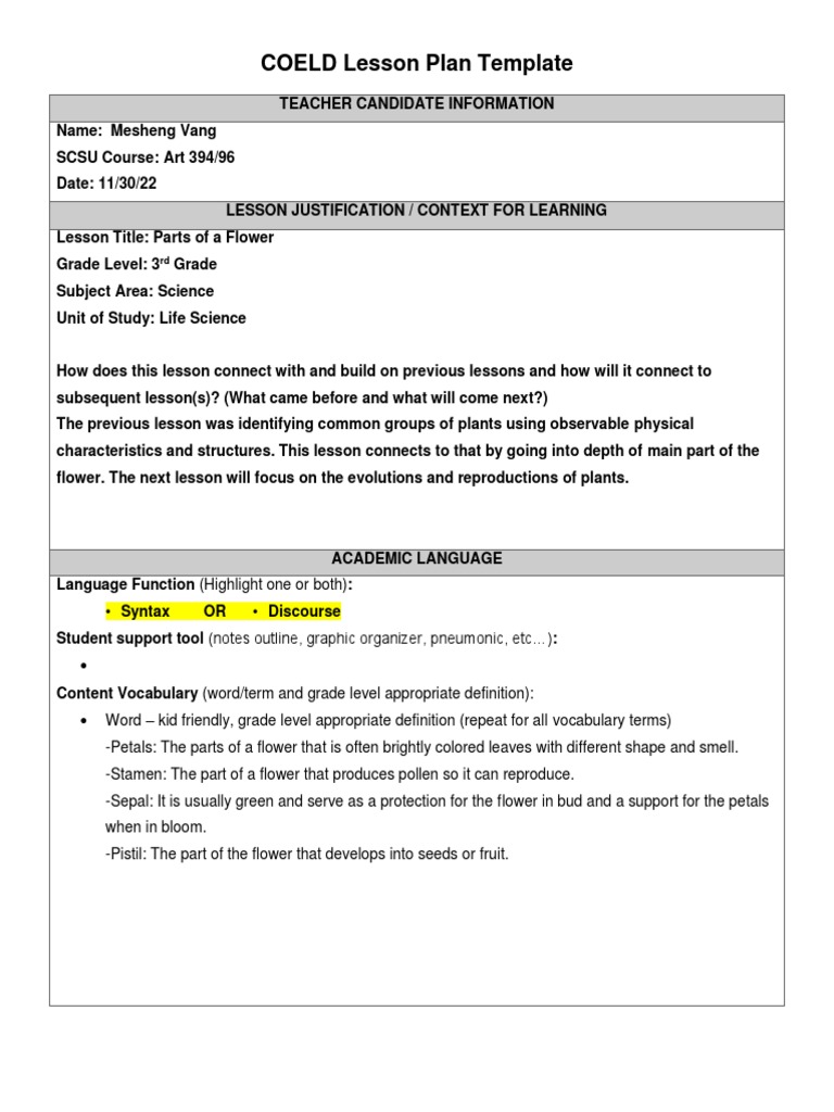Scsu Coeld Edtpa Lesson Plan Mesheng Vang | PDF | Flowers | Petal