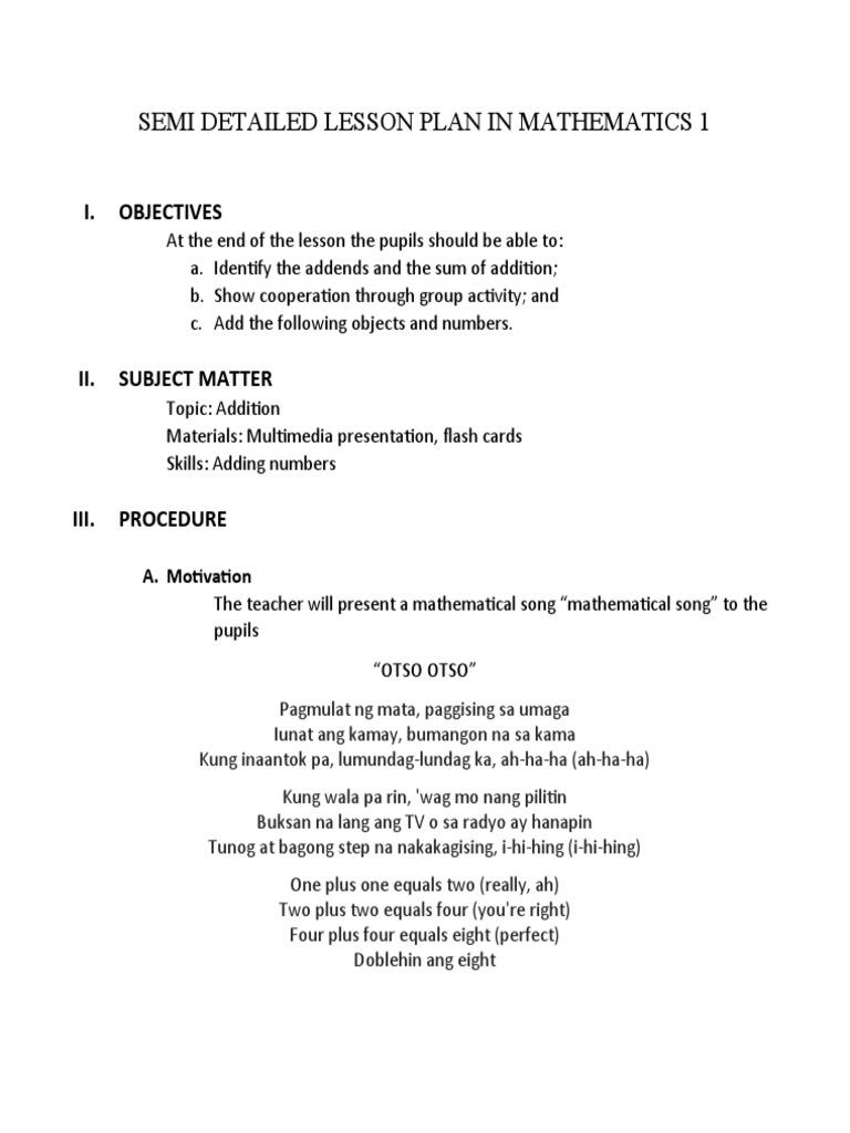 Semi Detailed Lesson Plan in Mathematics 1 | PDF | Learning | Behavior ...